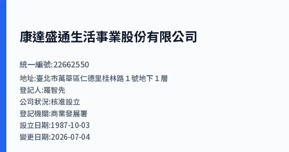 康達盛通生活事業股份有限公司的照片-統編 22662550(臺北市) 公司登記資料與營業項目詳細圖表