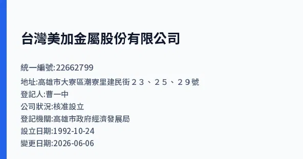 台灣美加金屬股份有限公司的照片-統編 22662799(高雄市) 公司登記資料與營業項目詳細圖表