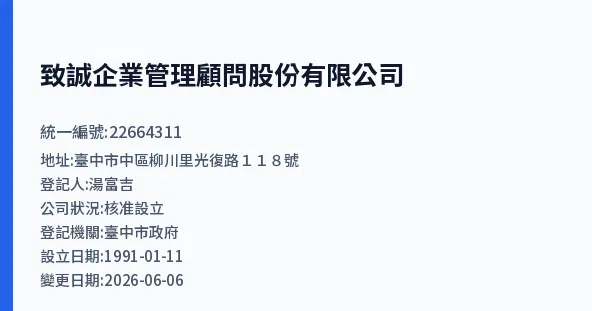 致誠企業管理顧問股份有限公司的照片-統編 22664311(臺中市) 公司登記資料與營業項目詳細圖表