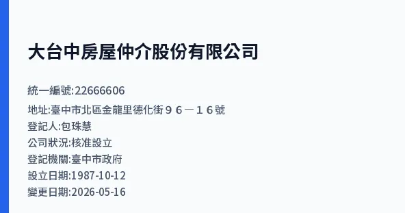 大台中房屋仲介股份有限公司的照片-統編 22666606(臺中市) 公司登記資料與營業項目詳細圖表