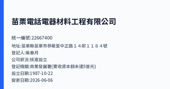 苗栗電話電器材料工程有限公司的照片-統編 22667400(苗栗縣) 公司登記資料與營業項目詳細圖表