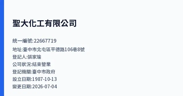 聖大化工有限公司的照片-統編 22667719(臺中市) 公司登記資料與營業項目詳細圖表