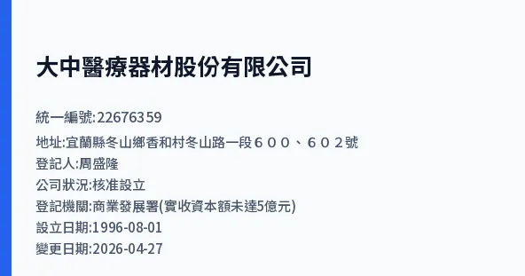 大中醫療器材股份有限公司的照片-統編 22676359(宜蘭縣) 公司登記資料與營業項目詳細圖表