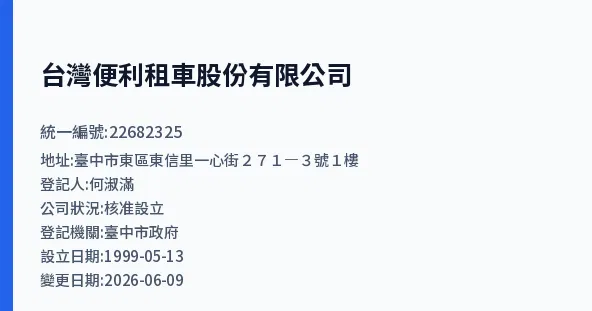 台灣便利租車股份有限公司的照片-統編 22682325(臺中市) 公司登記資料與營業項目詳細圖表