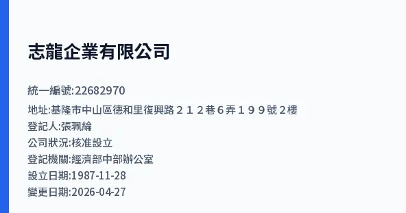 志龍企業有限公司的照片-統編 22682970(基隆市) 公司登記資料與營業項目詳細圖表