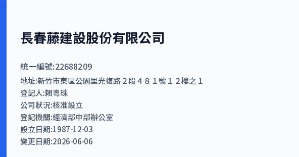長春藤建設股份有限公司的照片-統編 22688209(新竹市) 公司登記資料與營業項目詳細圖表