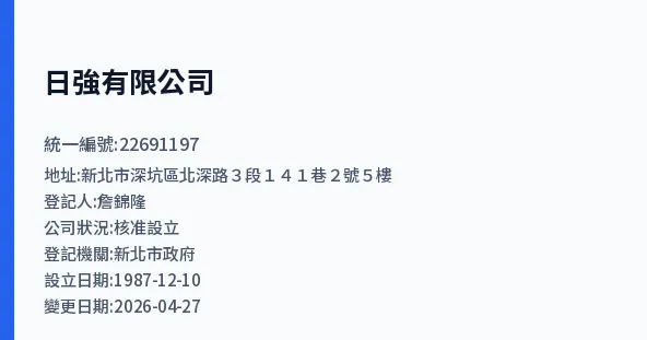 日強有限公司的照片-統編 22691197(新北市) 公司登記資料與營業項目詳細圖表