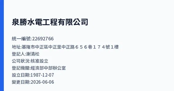 泉勝水電工程有限公司的照片-統編 22692766(基隆市) 公司登記資料與營業項目詳細圖表