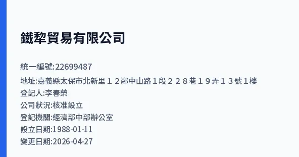 鐵犂貿易有限公司的照片-統編 22699487(嘉義縣) 公司登記資料與營業項目詳細圖表