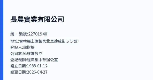 長農實業有限公司的照片-統編 22701940(雲林縣) 公司登記資料與營業項目詳細圖表