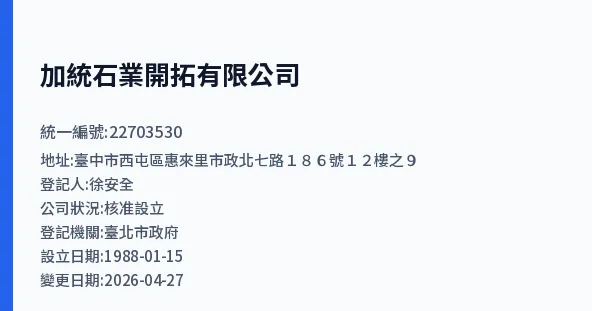 加統石業開拓有限公司的照片-統編 22703530(臺中市) 公司登記資料與營業項目詳細圖表