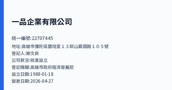 一品企業有限公司的照片-統編 22707445(高雄市) 公司登記資料與營業項目詳細圖表
