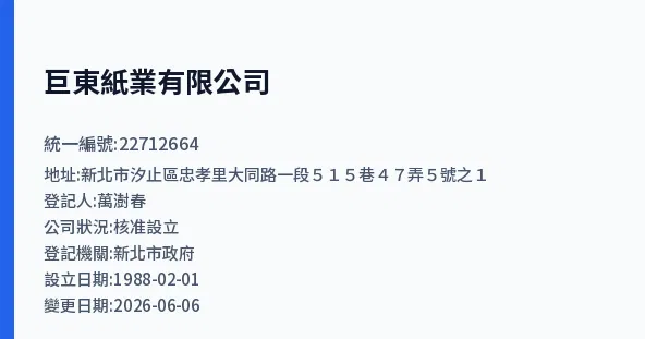 巨東紙業有限公司的照片-統編 22712664(新北市) 公司登記資料與營業項目詳細圖表