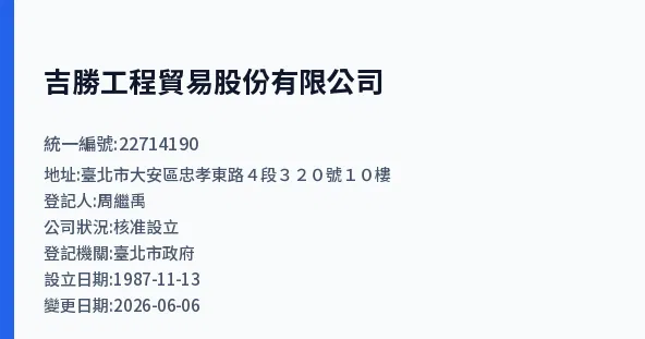 吉勝工程貿易股份有限公司的照片-統編 22714190(臺北市) 公司登記資料與營業項目詳細圖表