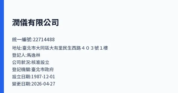 潤儀有限公司的照片-統編 22714488(臺北市) 公司登記資料與營業項目詳細圖表