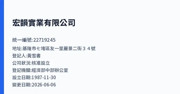 宏韻實業有限公司的照片-統編 22719245(基隆市) 公司登記資料與營業項目詳細圖表