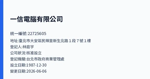 一信電腦有限公司的照片-統編 22725605(臺北市) 公司登記資料與營業項目詳細圖表