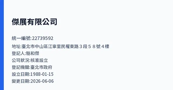 傑展有限公司的照片-統編 22739592(臺北市) 公司登記資料與營業項目詳細圖表