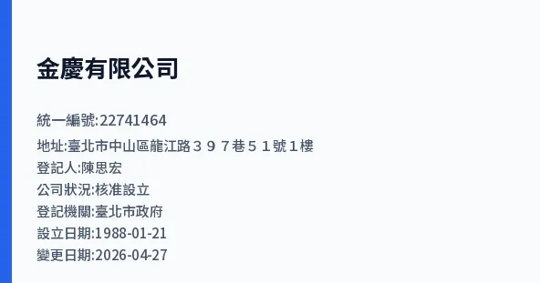 金慶有限公司的照片-統編 22741464(臺北市) 公司登記資料與營業項目詳細圖表