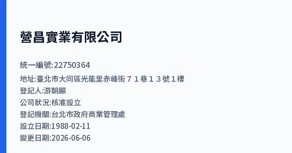 營昌實業有限公司的照片-統編 22750364(臺北市) 公司登記資料與營業項目詳細圖表