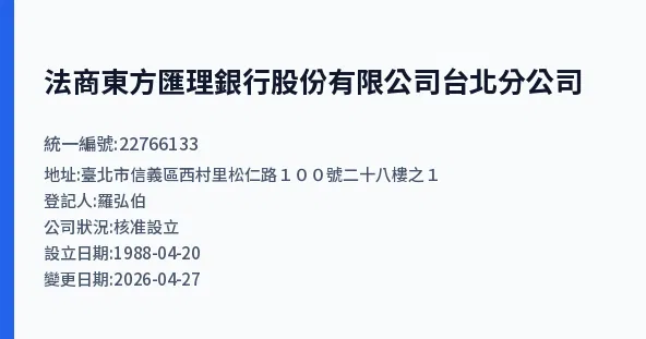 法商東方匯理銀行股份有限公司台北分公司的照片-統編 22766133(臺北市) 公司登記資料與營業項目詳細圖表