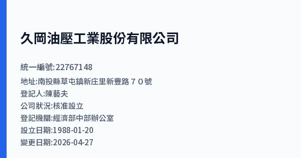 久岡油壓工業股份有限公司的照片-統編 22767148(南投縣) 公司登記資料與營業項目詳細圖表
