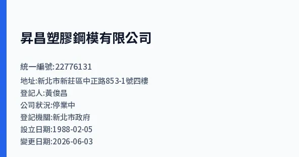 昇昌塑膠鋼模有限公司的照片-統編 22776131(新北市) 公司登記資料與營業項目詳細圖表