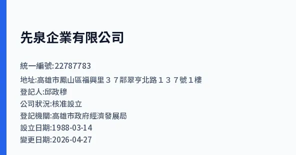 先泉企業有限公司的照片-統編 22787783(高雄市) 公司登記資料與營業項目詳細圖表