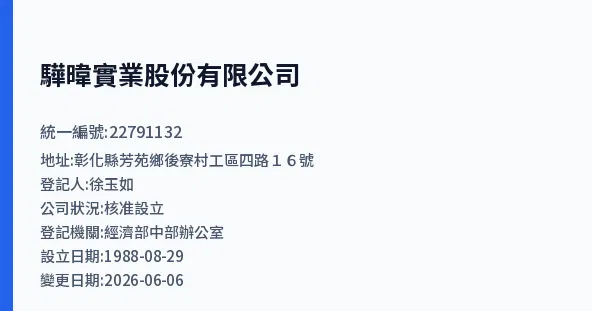 驊暐實業股份有限公司的照片-統編 22791132(彰化縣) 公司登記資料與營業項目詳細圖表