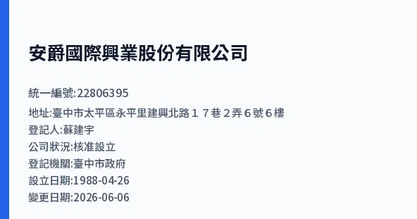 安爵國際興業股份有限公司的照片-統編 22806395(臺中市) 公司登記資料與營業項目詳細圖表