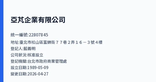 亞芃企業有限公司的照片-統編 22807845(臺北市) 公司登記資料與營業項目詳細圖表
