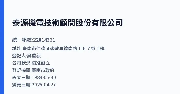泰源機電技術顧問股份有限公司的照片-統編 22814331(臺南市) 公司登記資料與營業項目詳細圖表