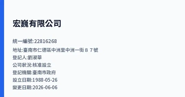 宏巍有限公司的照片-統編 22816268(臺南市) 公司登記資料與營業項目詳細圖表