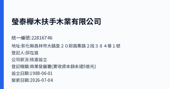 瑩泰櫸木扶手木業有限公司的照片-統編 22816746(彰化縣) 公司登記資料與營業項目詳細圖表