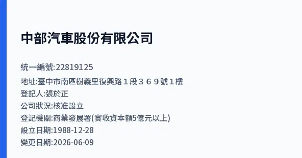中部汽車股份有限公司的照片-統編 22819125(臺中市) 公司登記資料與營業項目詳細圖表