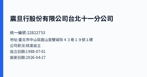 震旦行股份有限公司台北十一分公司的照片-統編 22822753(臺北市) 公司登記資料與營業項目詳細圖表
