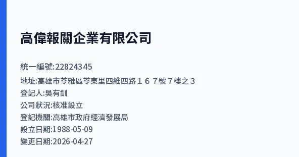 高偉報關企業有限公司的照片-統編 22824345(高雄市) 公司登記資料與營業項目詳細圖表