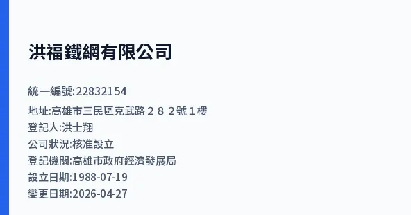 洪福鐵網有限公司的照片-統編 22832154(高雄市) 公司登記資料與營業項目詳細圖表