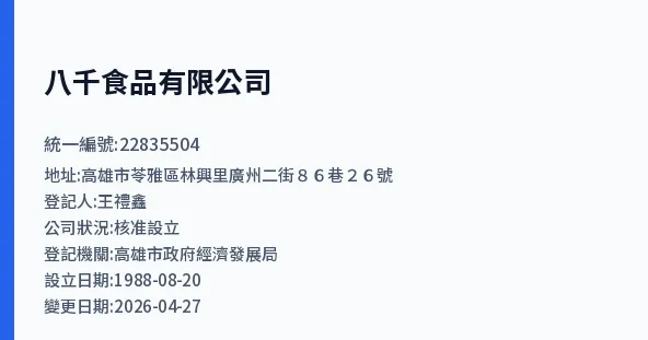 八千食品有限公司的照片-統編 22835504(高雄市) 公司登記資料與營業項目詳細圖表