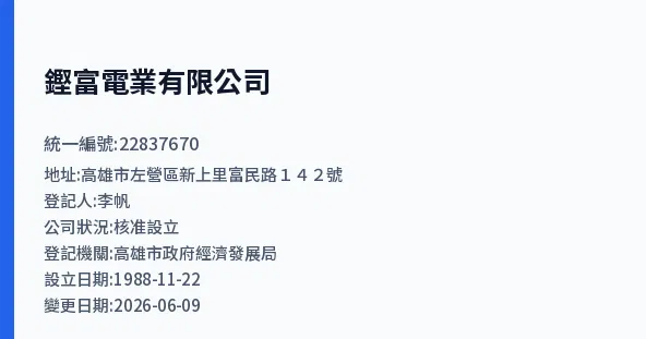 鏗富電業有限公司的照片-統編 22837670(高雄市) 公司登記資料與營業項目詳細圖表