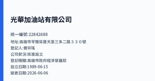 光華加油站有限公司的照片-統編 22842688(高雄市) 公司登記資料與營業項目詳細圖表