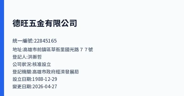 德旺五金有限公司的照片-統編 22845165(高雄市) 公司登記資料與營業項目詳細圖表