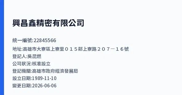 興昌鑫精密有限公司的照片-統編 22845566(高雄市) 公司登記資料與營業項目詳細圖表