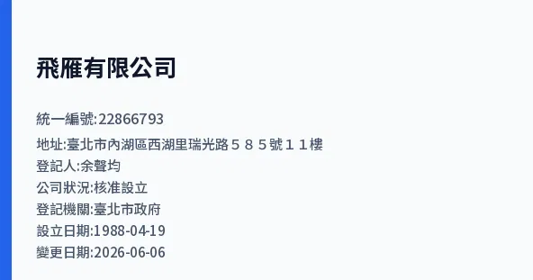飛雁有限公司的照片-統編 22866793(臺北市) 公司登記資料與營業項目詳細圖表
