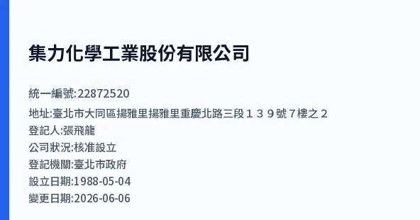 集力化學工業股份有限公司的照片-統編 22872520(臺北市) 公司登記資料與營業項目詳細圖表