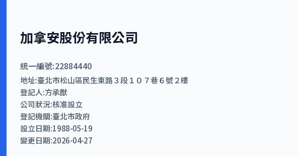 加拿安股份有限公司的照片-統編 22884440(臺北市) 公司登記資料與營業項目詳細圖表