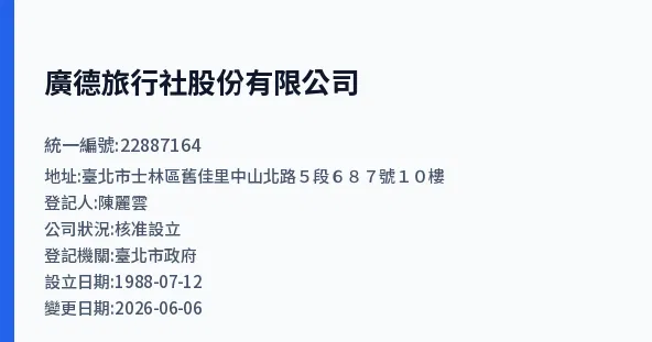 廣德旅行社股份有限公司的照片-統編 22887164(臺北市) 公司登記資料與營業項目詳細圖表