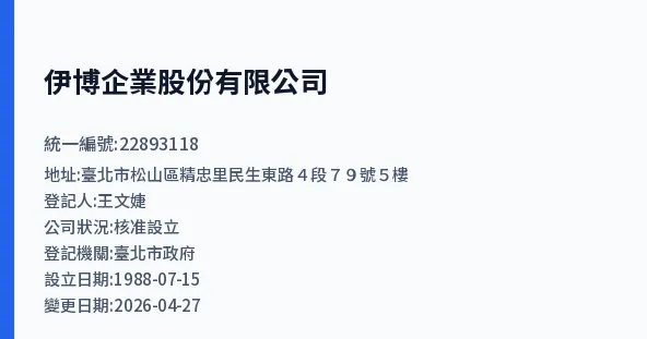 伊博企業股份有限公司的照片-統編 22893118(臺北市) 公司登記資料與營業項目詳細圖表