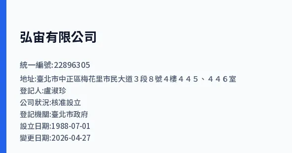 弘宙有限公司的照片-統編 22896305(臺北市) 公司登記資料與營業項目詳細圖表