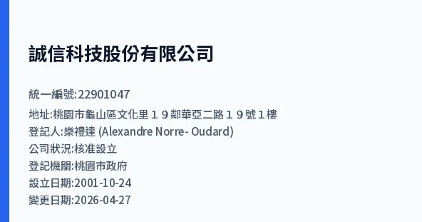 誠信科技股份有限公司的照片-統編 22901047(桃園市) 公司登記資料與營業項目詳細圖表